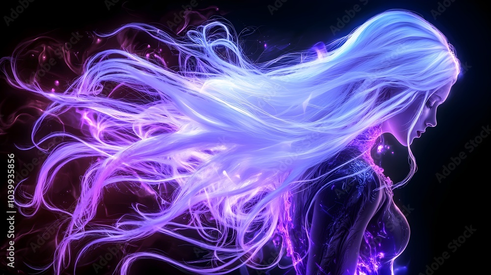 Spooky female ghost with flowing hair, her form dissolving into mist ...