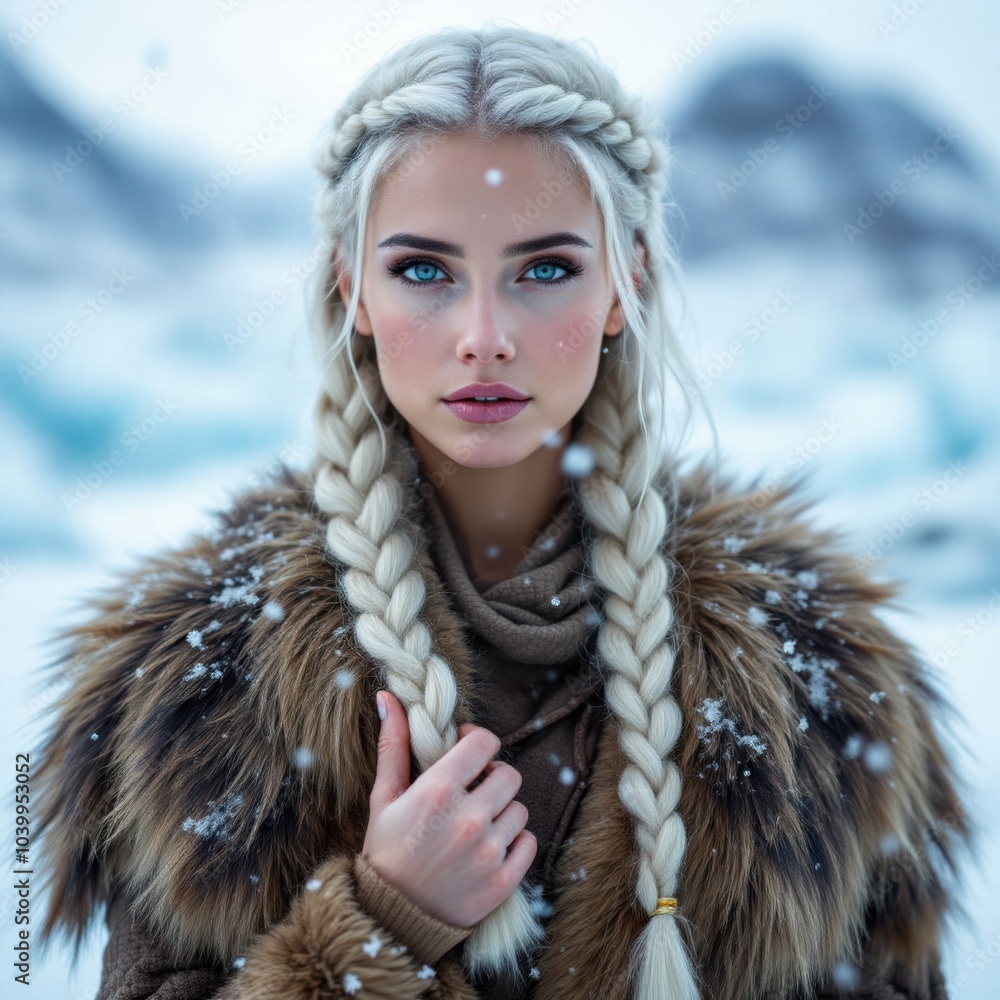 Blonde Viking woman with braided hair, standing in a snowy landscape ...