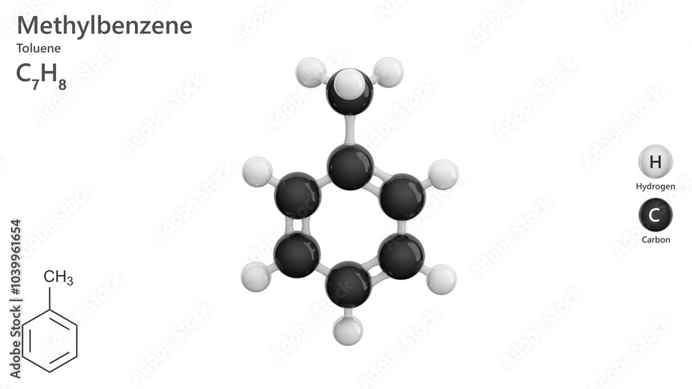 Molecule: Methylbenzene or toluene. Molecular structure. Formula: C7H8 ...
