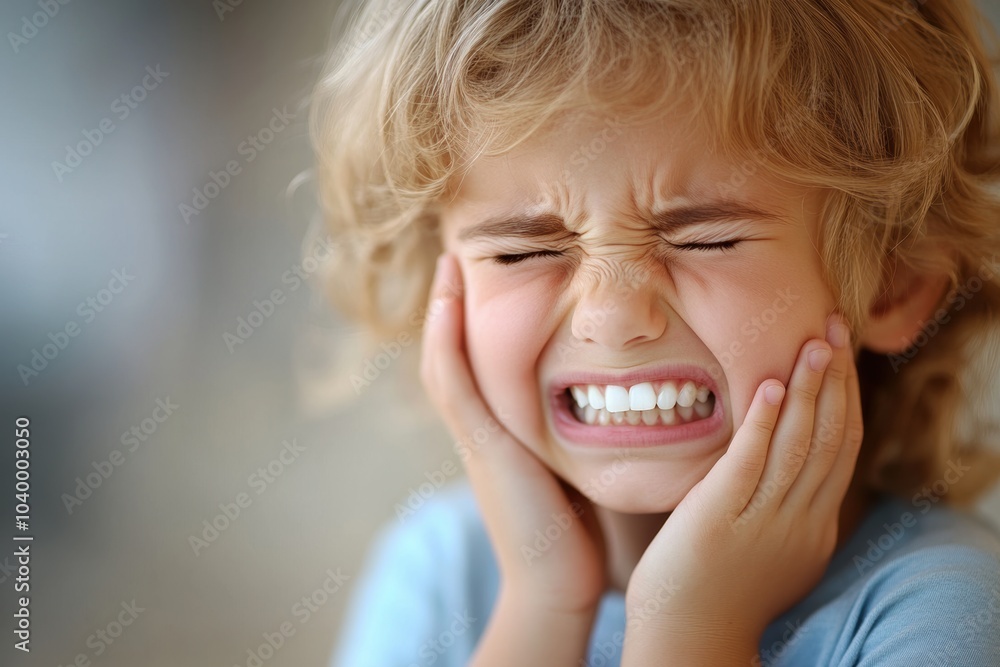A young child squeezes their face in pain, holding their cheeks tightly ...