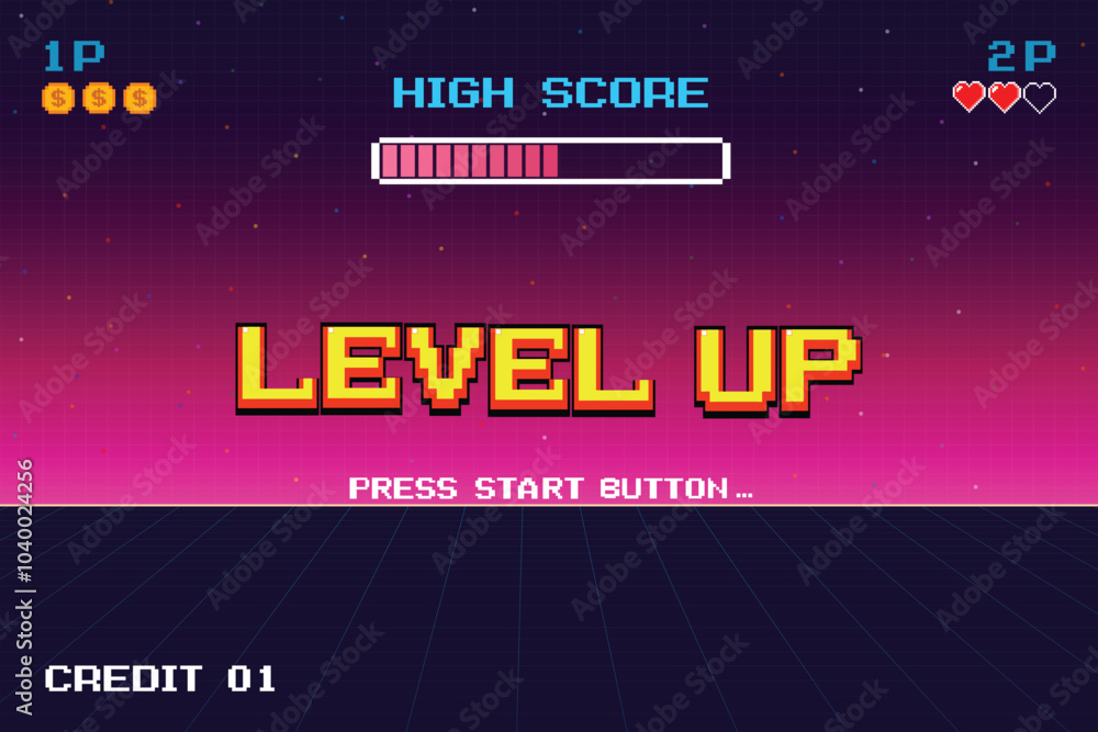 LEVEL UP. press start button. pixel art .8 bit game. retro game. for ...
