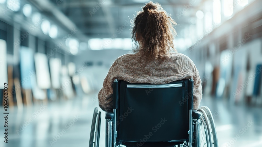 An individual in a wheelchair admires paintings in a modern art gallery ...