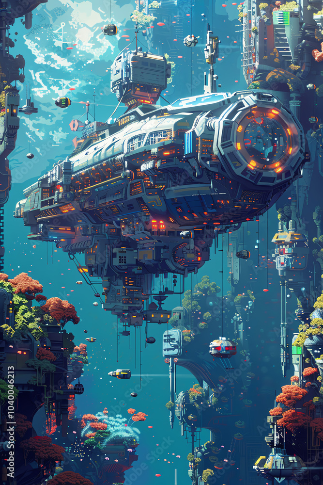 Ilustración de Stock Illustrate a pixel art scene of a spaceships wide ...