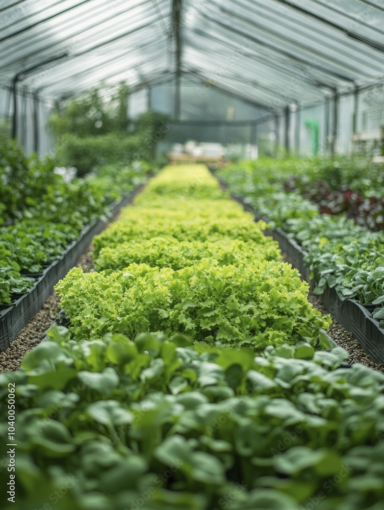 A modern aquaponics greenhouse with fish and leafy greens growing ...