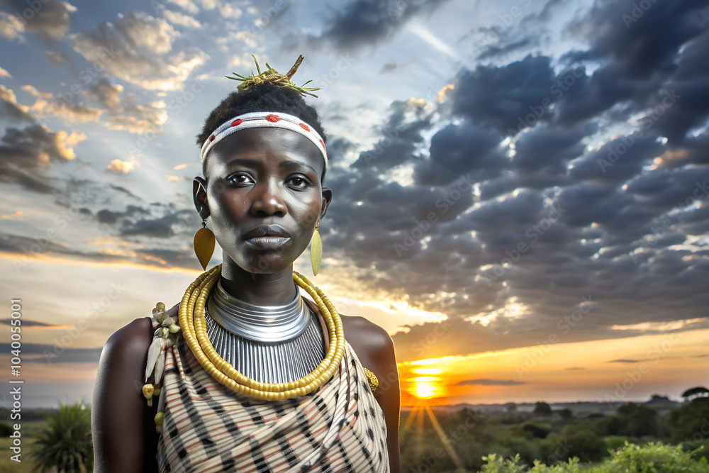Portrait of a woman of the Mursi African tribe. Sunset sky clouds ...