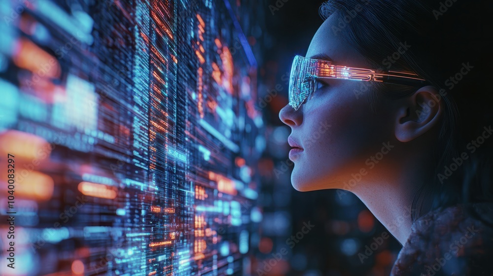 Software, coding hologram and woman on tablet thinking of data analytics, digital technology and ...