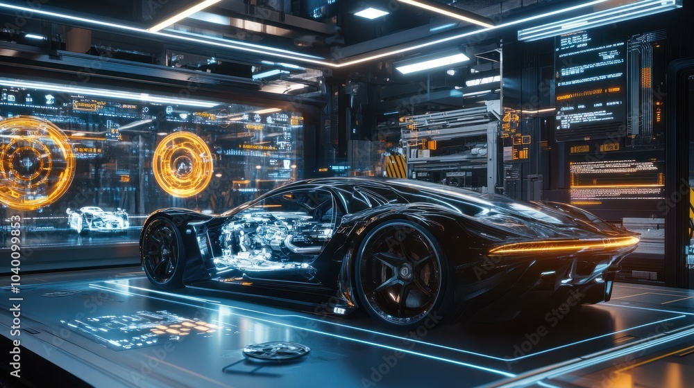 A holographic interface showcases a detailed car model in a high-tech ...