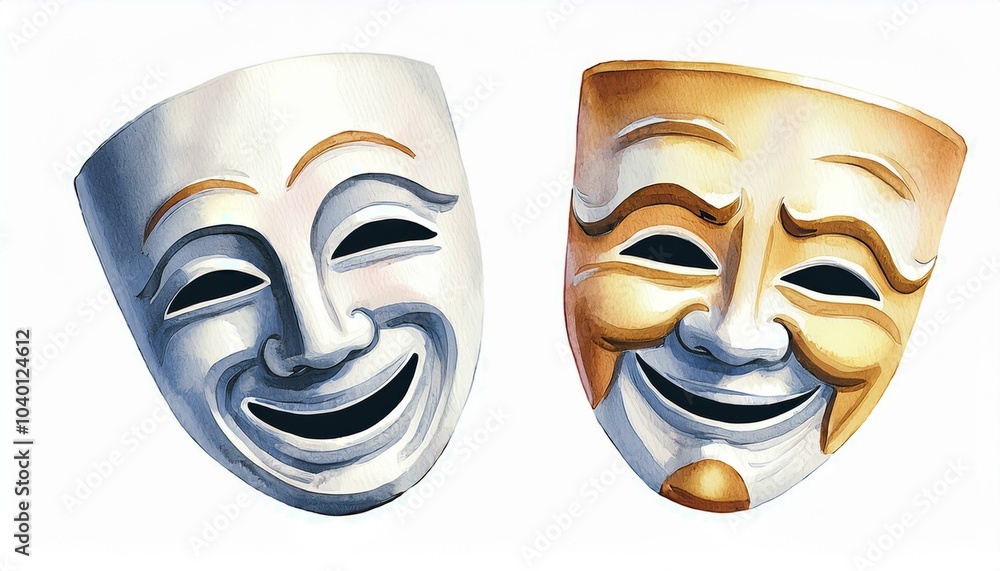 comedy masks of theater actors watercolor clipart illustration isolated ...