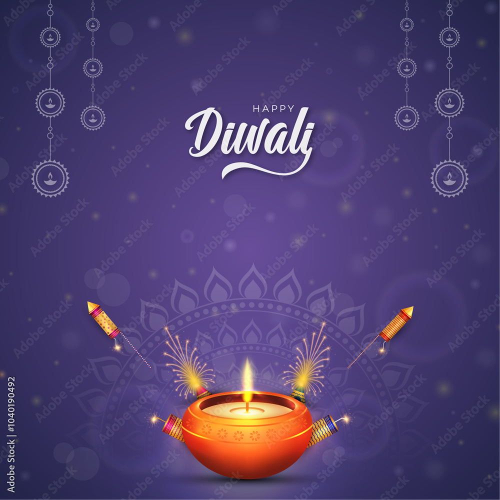 Festive Diwali greeting with traditional oil lamp and firecrackers on a ...