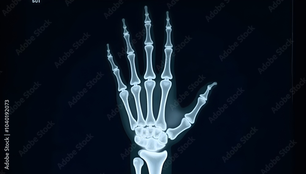 X-ray of a human hand showing bone structure; used for diagnosing ...