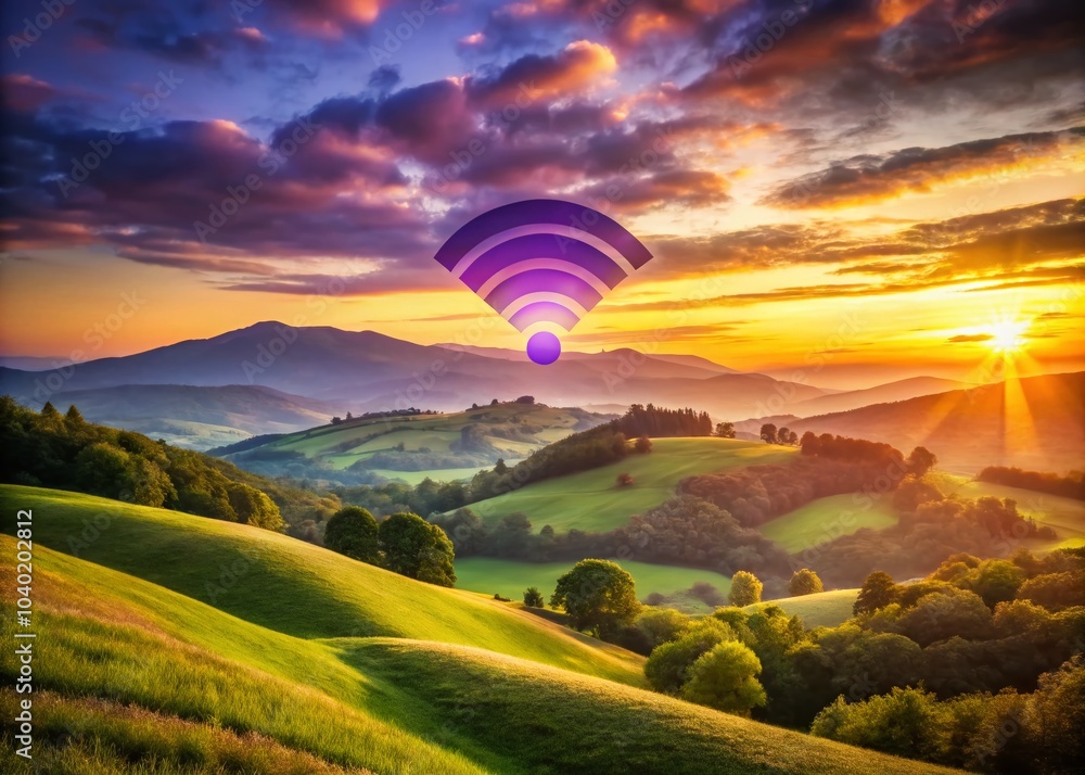 Realistic Purple Wireless Network Symbol in Scenic Landscape for ...