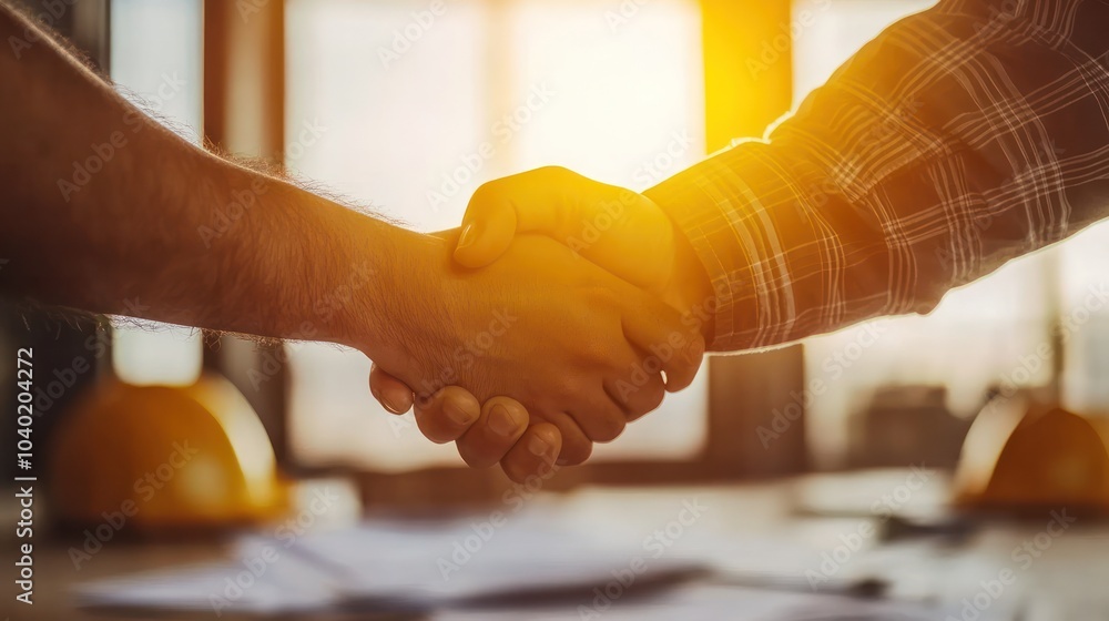 Business handshake at construction with safety helmet and blueprints in ...