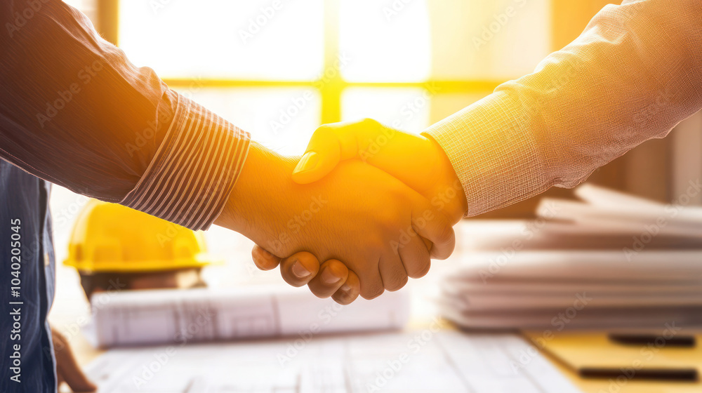 Business handshake at construction with safety helmet and blueprints in ...
