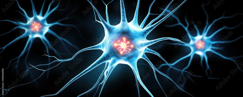 Macro of neural regeneration, growing neuron pathways, bright glowing ...