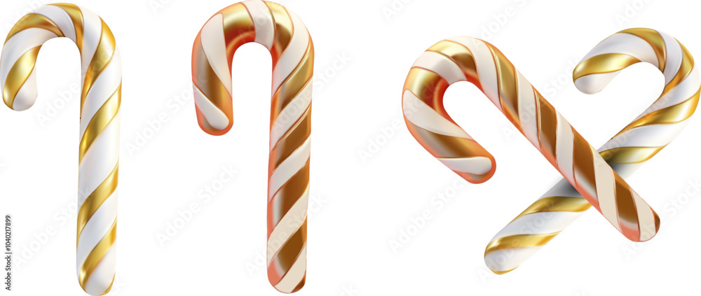 Golden and white striped 3d candy canes in a festive design. Shiny ...