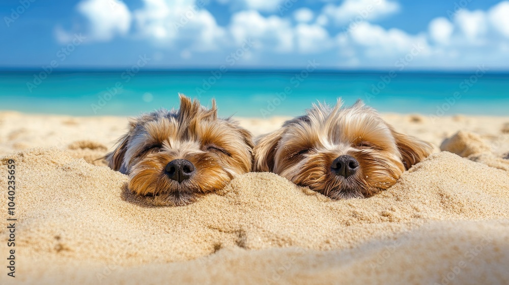 Two small dogs buried side by side in the sand, with their heads ...
