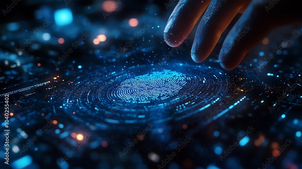 Encrypted holographic interface unlocked by a fingerprint, data streams and security layers ...