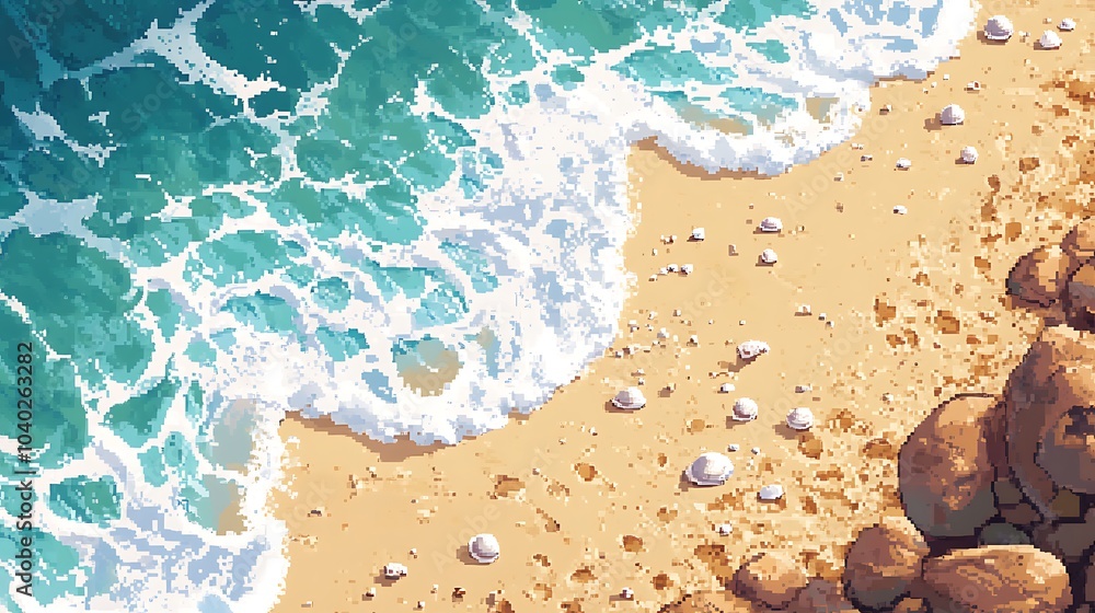 Pixel art battlemap showing a coastal beach with waves and scattered ...