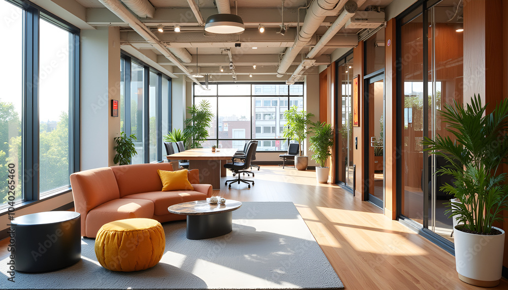 Bright collaborative office space with cozy lounge area, plants, and ...