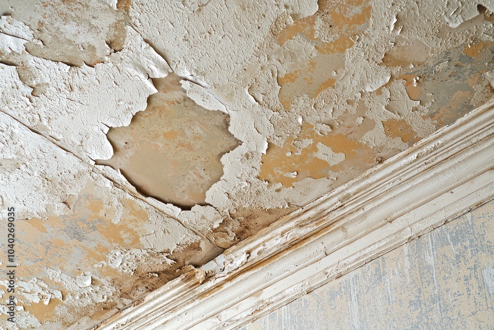 Water damage needing restoration, shown by a damaged ceiling with water ...
