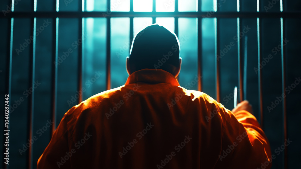 person in orange prison jumpsuit stands in front of jail bars, gazing ...