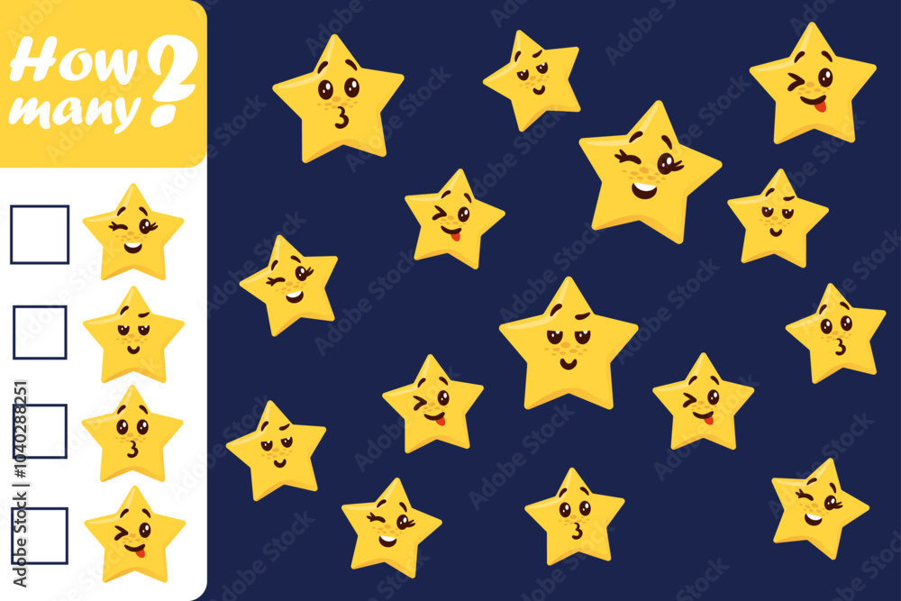 How many stars. Preschool kids worksheet. Workbook test. Math counting ...