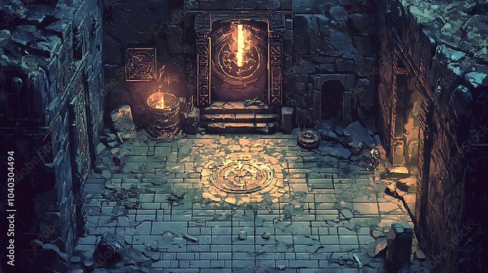 Pixel art battlemap of an underground chamber with mysterious runes on ...
