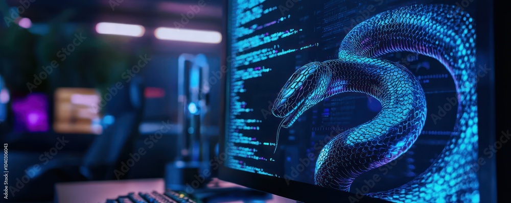 A computer screen displaying Python code with a digital snake, symbolizing the application of ...