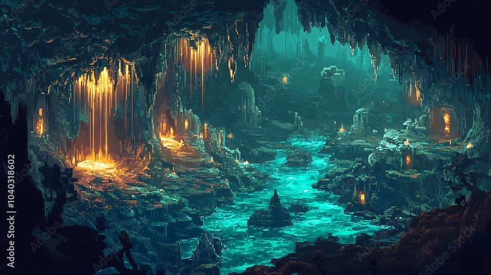 Pixel art battlemap of a cavern with underground rivers and glowing ...