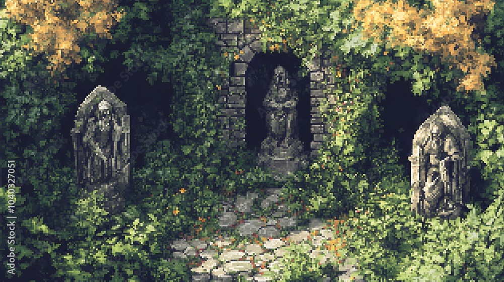 Pixel art DnD map of a forest shrine with stone statues and vines ...