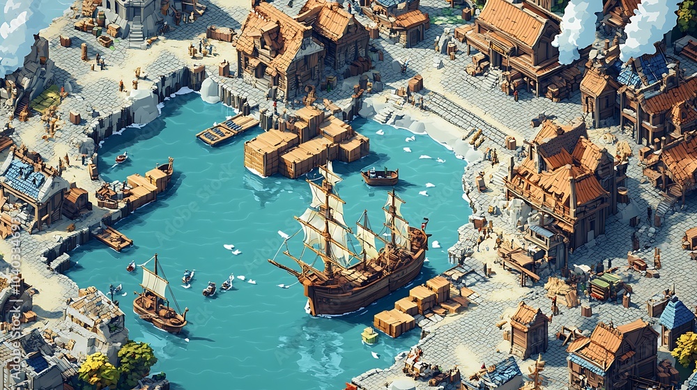 Pixel art DnD map of a seaside port with docks ships and crates Stock ...