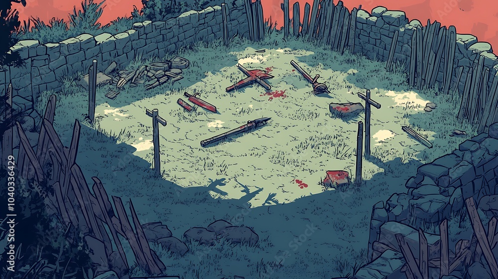 Pixel art DnD map depicting a battlefield with barricades and weapons ...