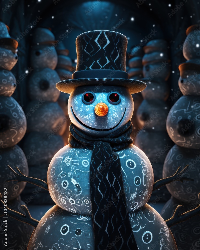 Mystical snowman with glowing red eyes and cryptic symbols in dark ...