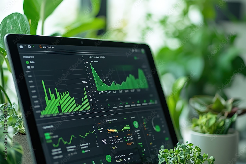 green analytics on display, a laptop screen showing various data analysis graphs and charts in ...