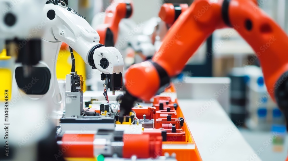 AI-driven robotic assembly line in a manufacturing plant, industrial ...