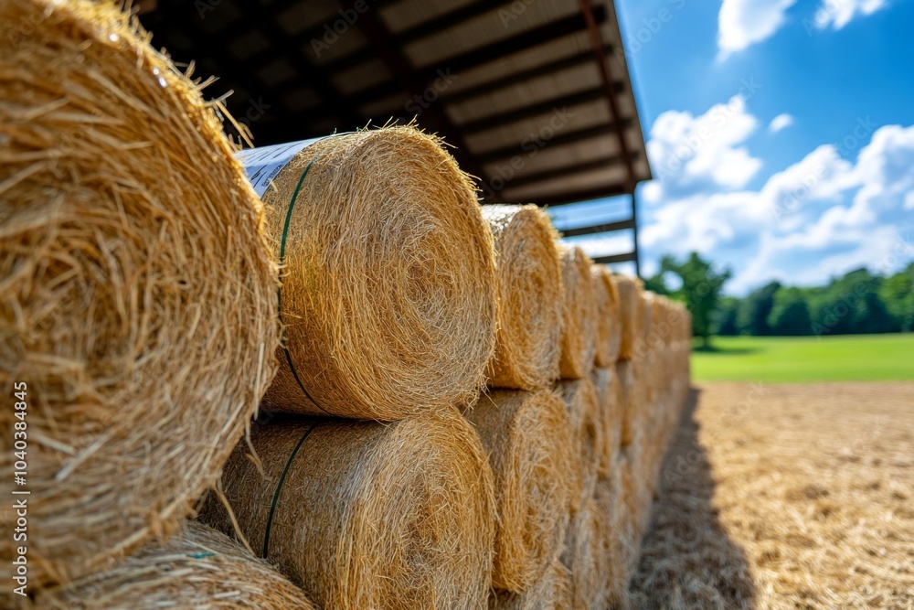 Hay bales stacked in a barn, golden and neat, as the season's last hay ...