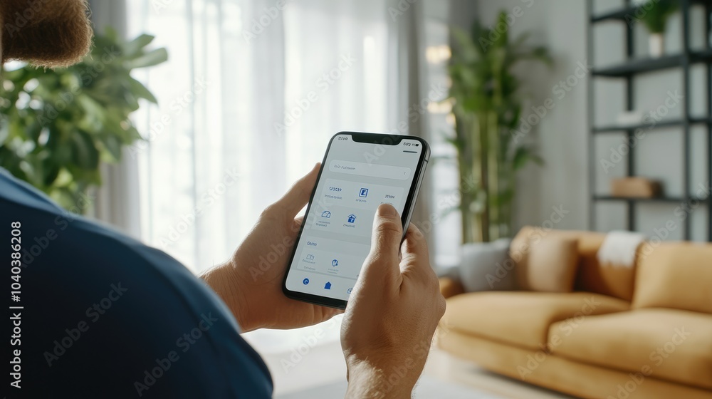 Exploring mobile app features in a modern living space for enhanced lifestyle management Stock ...