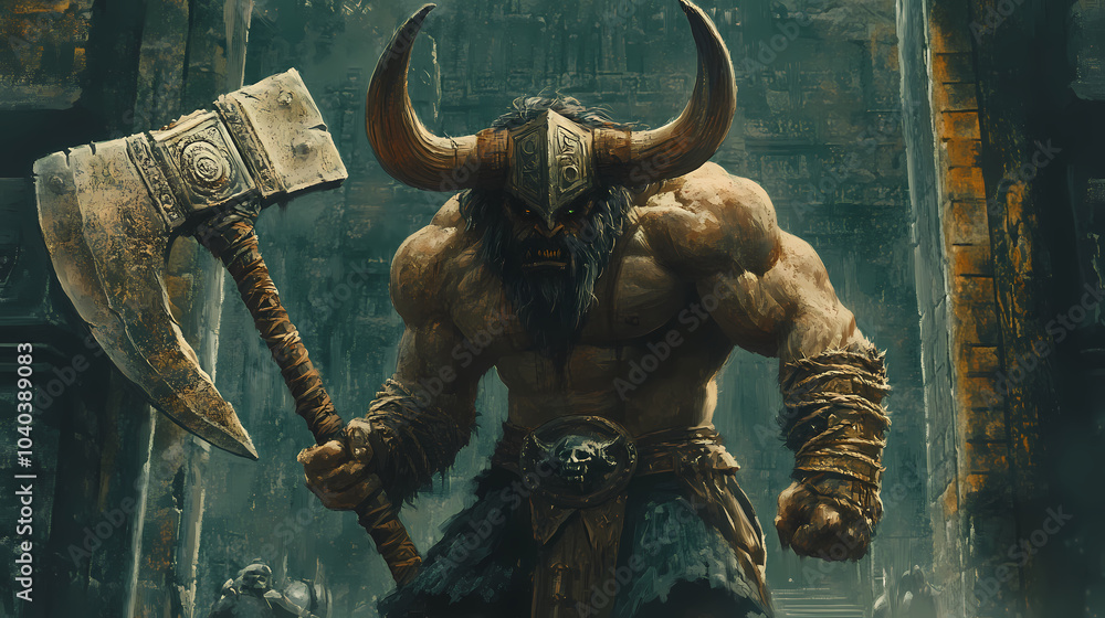 Fearsome minotaur in a labyrinth wielding a massive axe with menacing ...