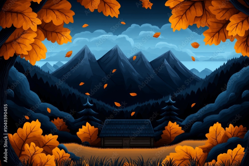 Pixel art autumn landscape, with 8-bit trees, pixelated falling leaves ...