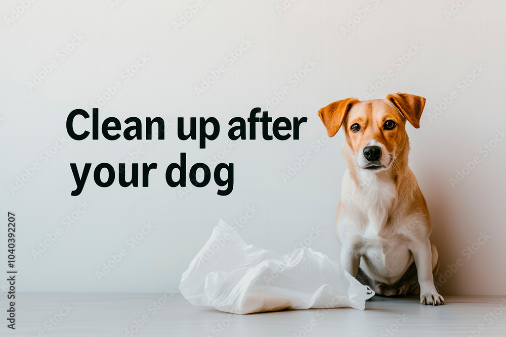 Dog holding bag on white background, clean up after your dog, pick up ...