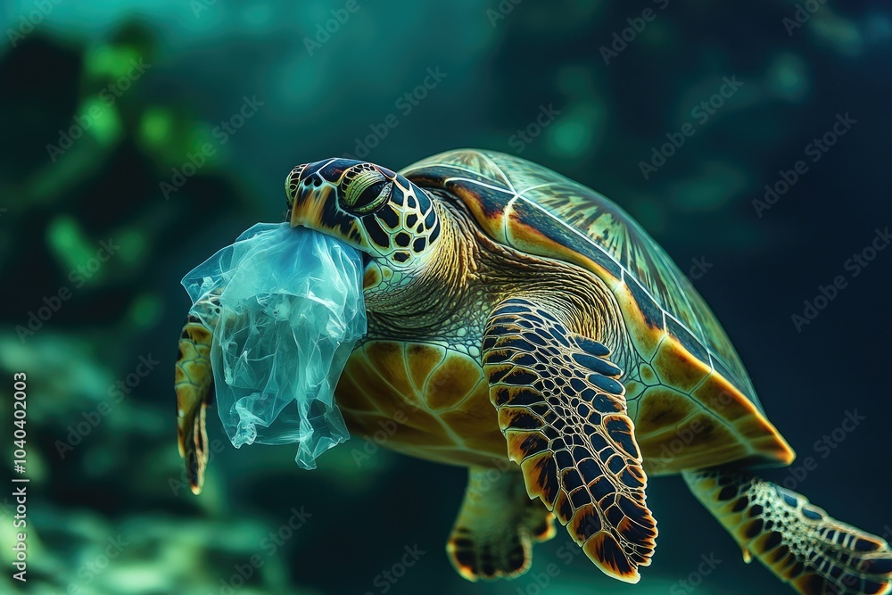Sea turtle eating a plastic bag mistaken for a jellyfish, clear water ...