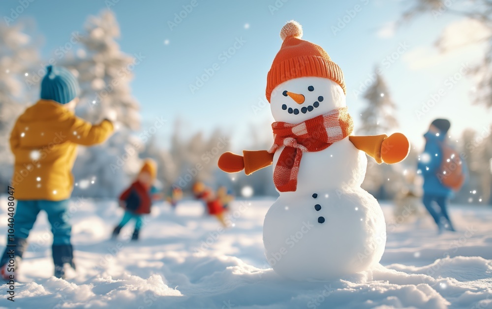 Snowman Fun: Kids Playing in a Winter Wonderland Stock Photo | Adobe Stock