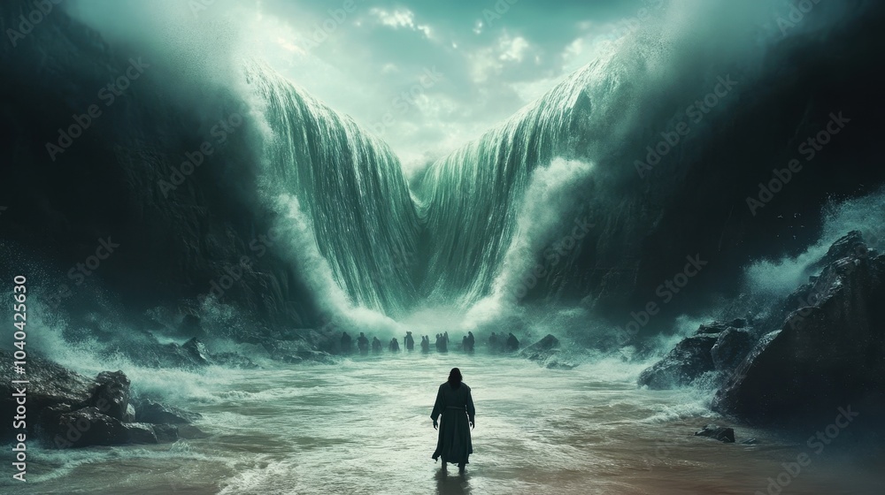 Bible event of Moses parting red sea and leads Jews through bottom on ...