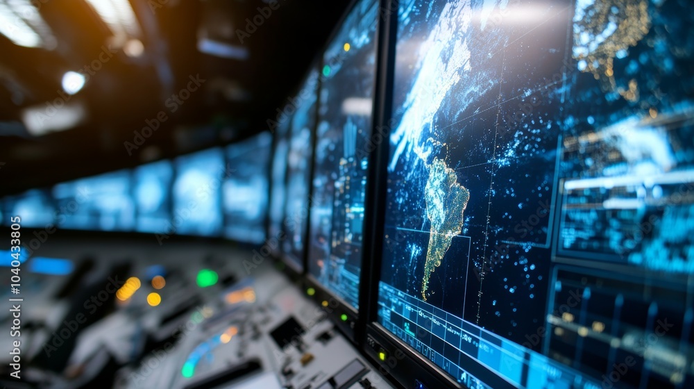 High-resolution satellite imaging control room, command center with ...