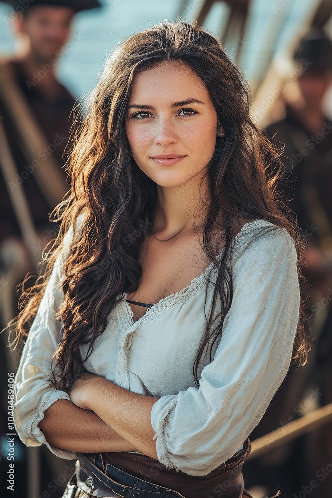beautiful pirate woman with long brown wavy hair, on the deck of her ...