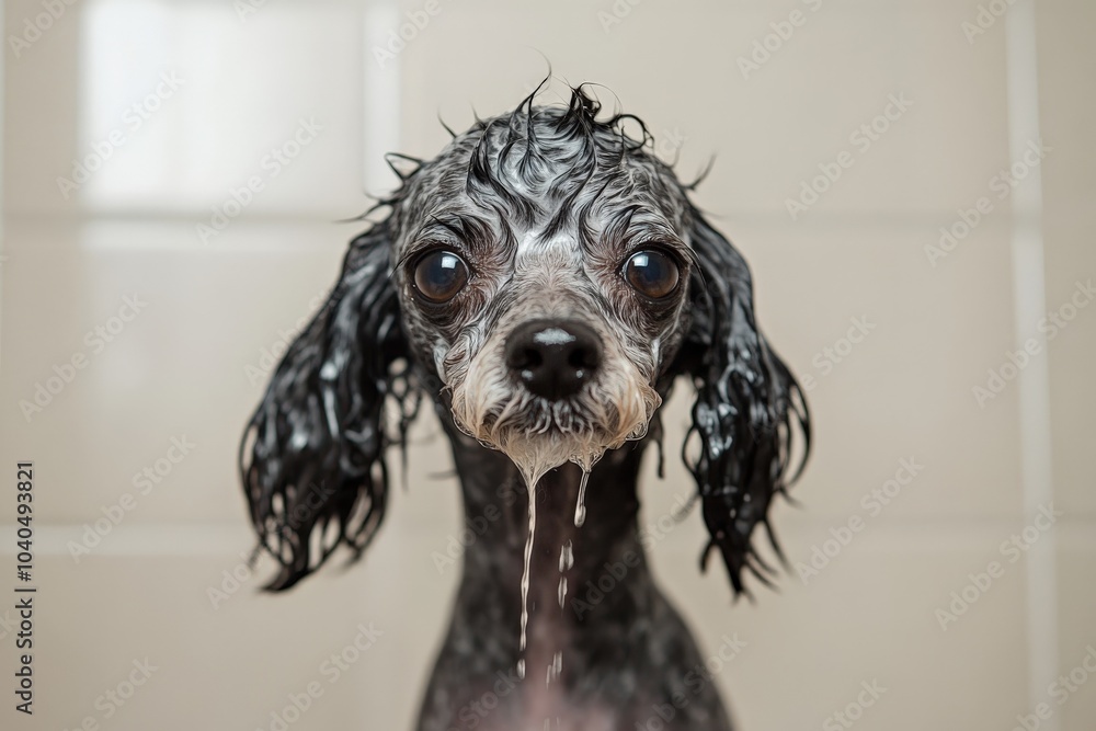 This image captures a wet poodle with curly fur, water dripping off its ...