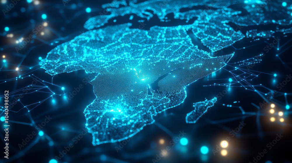 A 3D network map of the imaginary country, covered in glowing mesh lines and point clusters on a ...