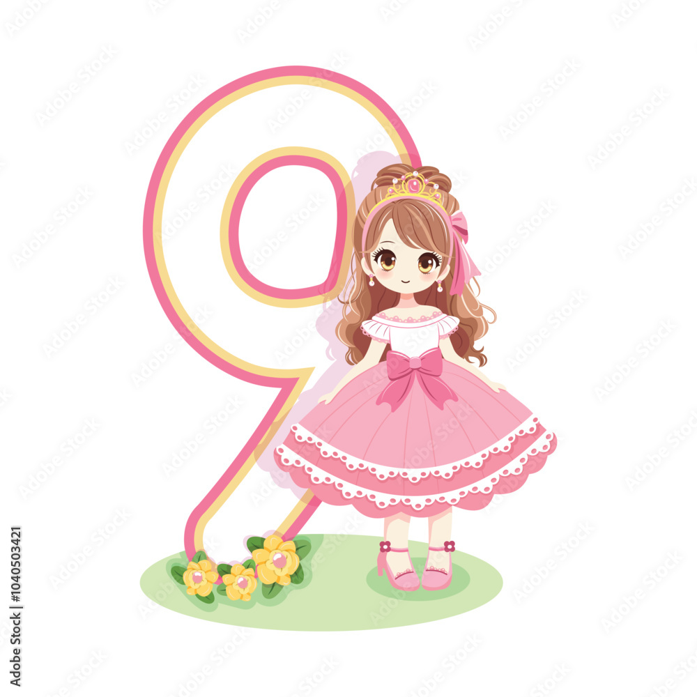 Cute princess with beautiful eyes in a pink dress and number 9 on white ...