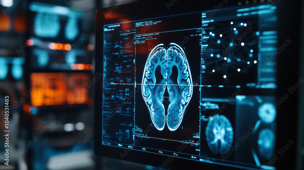 A virtual hologram interface displaying an X-ray scan of a human brain ...