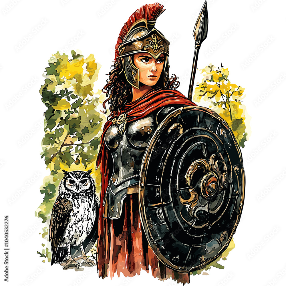 Greek goddess Athena with shield and spear, accompanied by owl, symbol ...